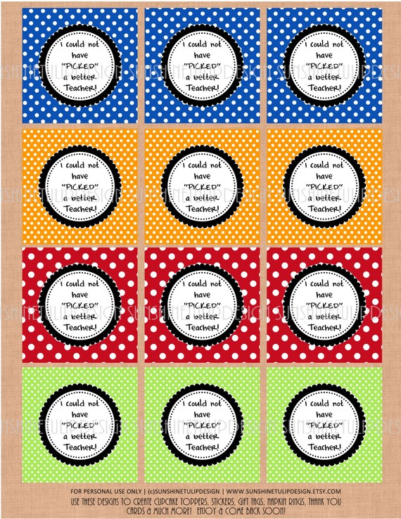 Teacher Appreciation Stickers Tags Labels and Cupcake Topper