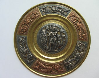Vintage Indian brass copper silver metal plaque hand hammer engraved ...