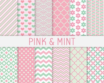 Pastel Pink and Mint Digital Paper, Mint and Pink Chevron Backgrounds ...
