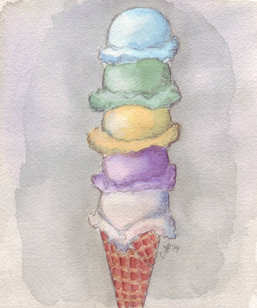 Ice Cream Watercolor Painting Five Scoops Cone Watercolor