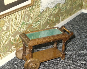 Miniature dollhouse vintage wooden tea cart with glass top