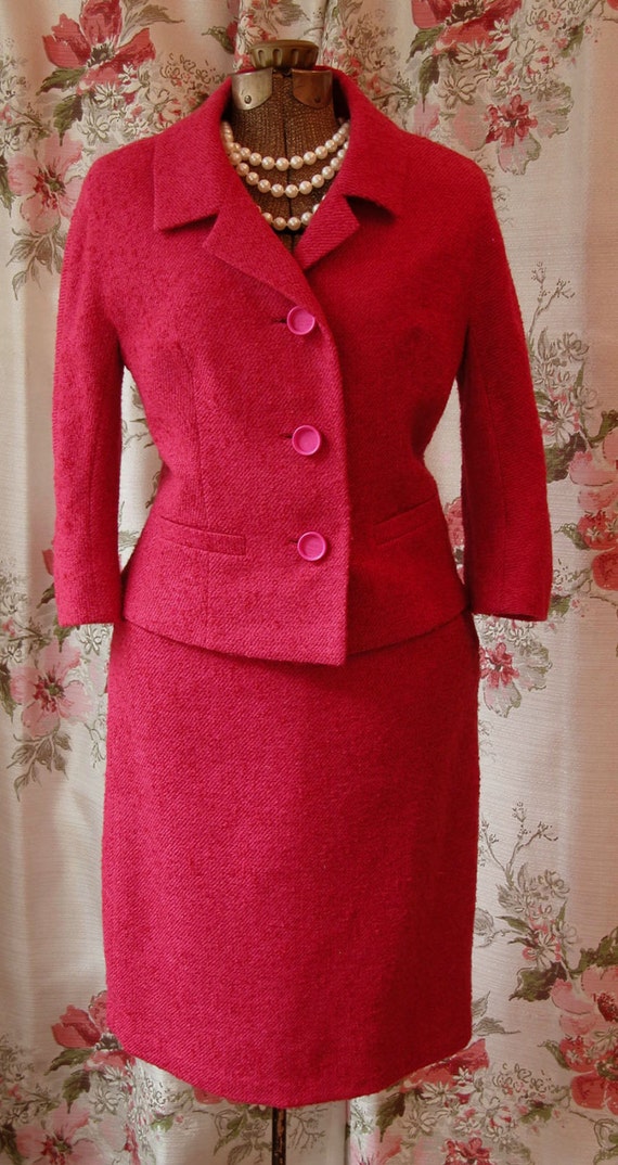 Vintage 60s Suit Raspberry Wool Boucle Cropped Jacket with