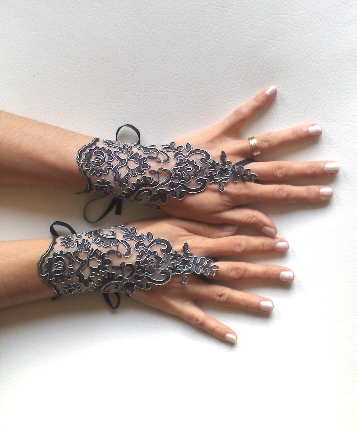 Black lace gloves silver frame bridal gloves lace wedding