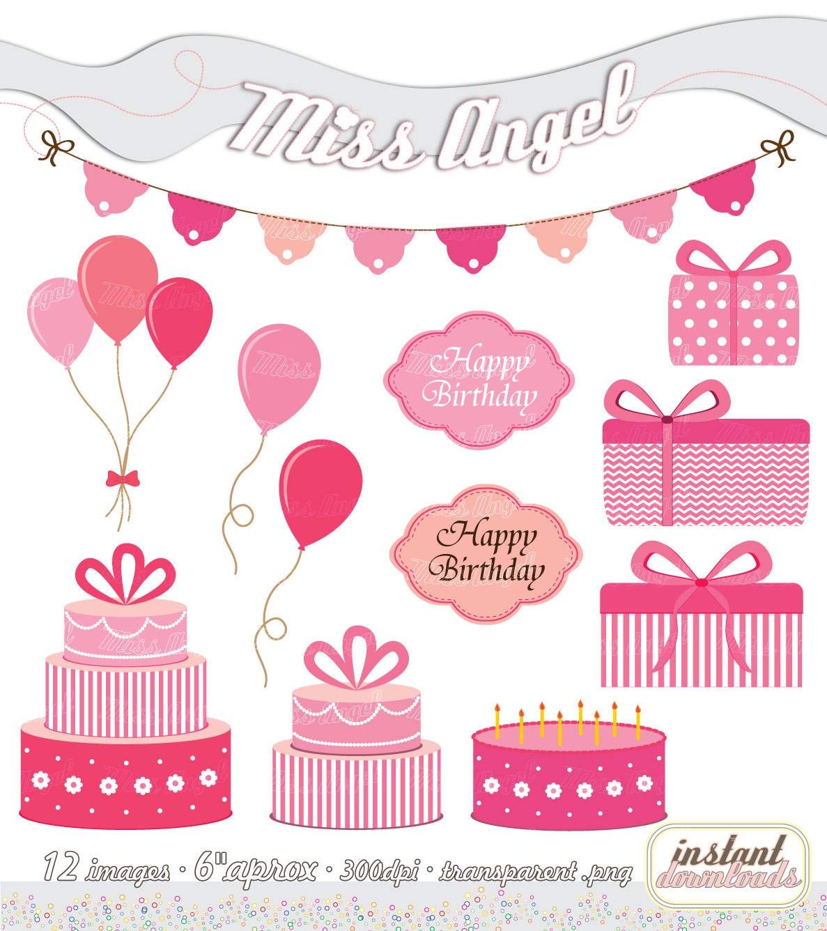 Pink Birthday Party CLIPART. 12 Digital BDay Party Clipart