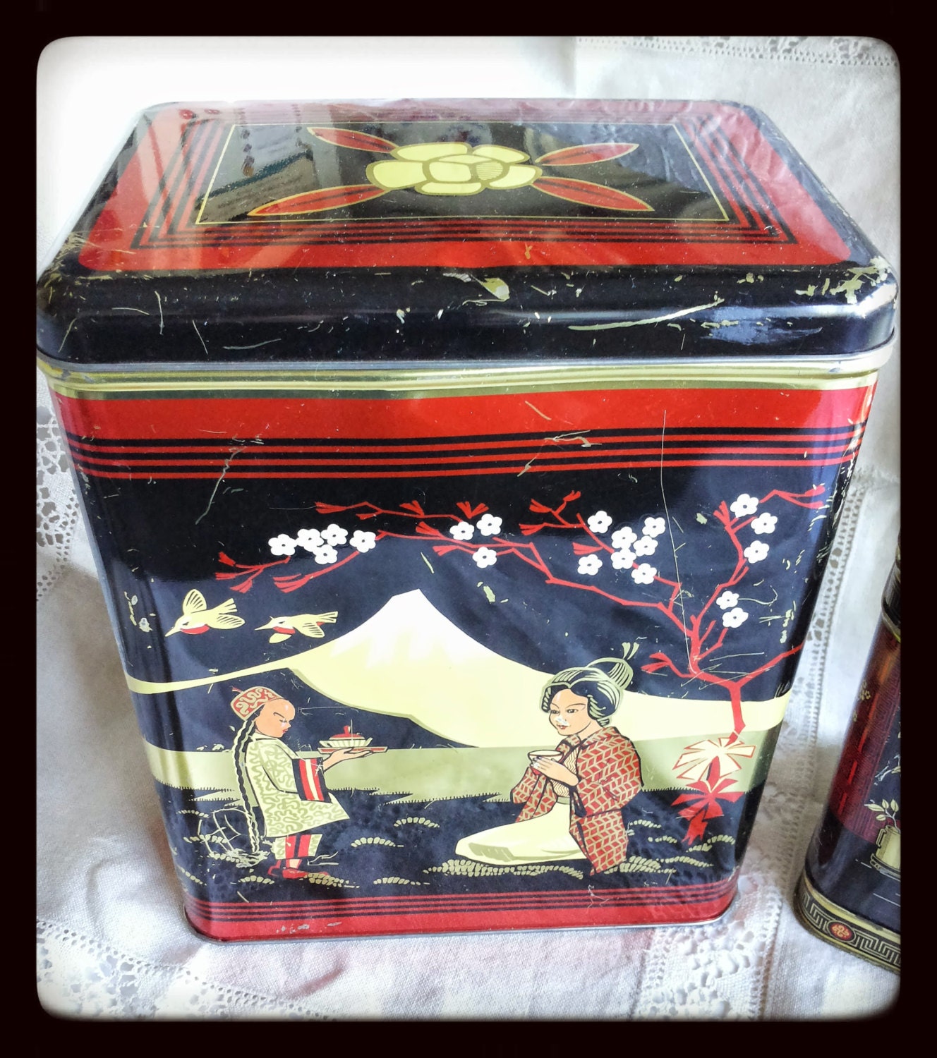 Huge vintage retro oriental style hinged black gold red tea tin – Haute ...