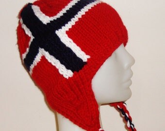 Norway Flag Hat - Hand Knit Mens or Womens Hat in red, white and blue