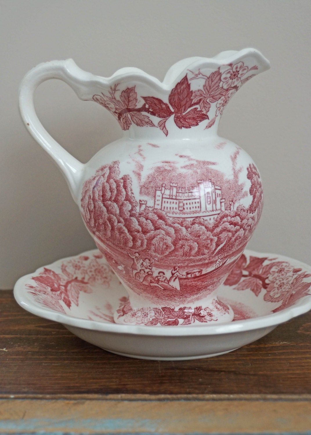 Vintage Red Transferware Pitcher and Bowl Set