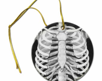 Anatomical Print Rib Cage with Red Bird Heart mixed media