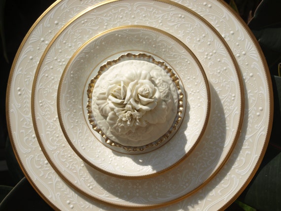 Items similar to Glass Plate Flower repurpose vintage ivory lace shabby ...