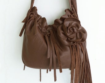 brown leather handbag, shoulder purse, messenger with flower, rose ...