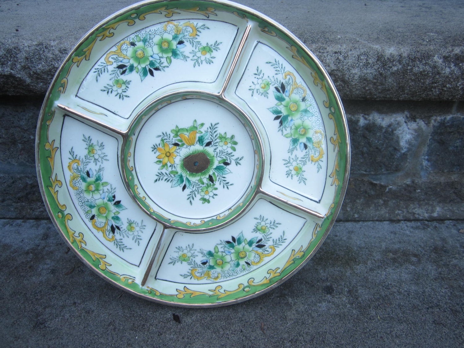 Vintage Hand Painted Chip dip snacks plate platter green yellow floral ...