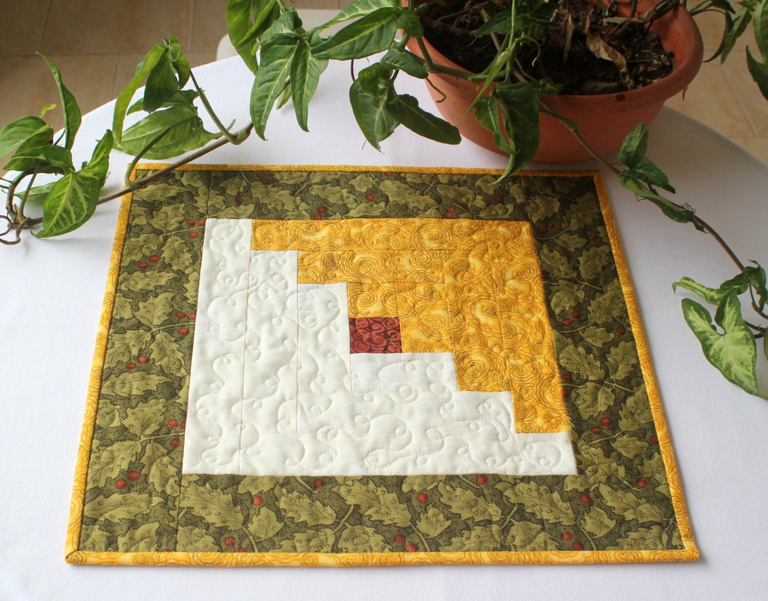 Quilted Table Topper Log Cabin Table Topper by RedNeedleQuilts