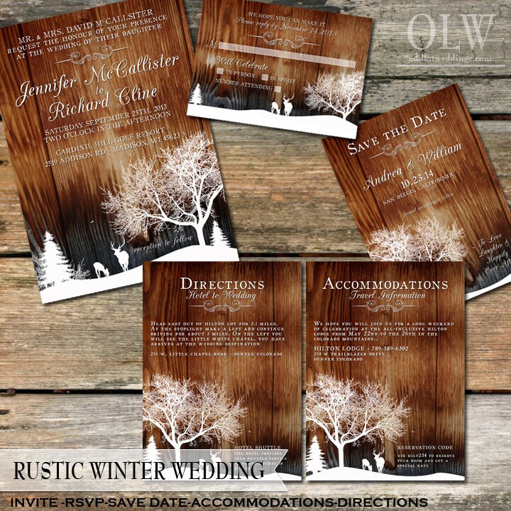 Rustic Winter Wedding Invitations Country Winter Snow landscape with ...