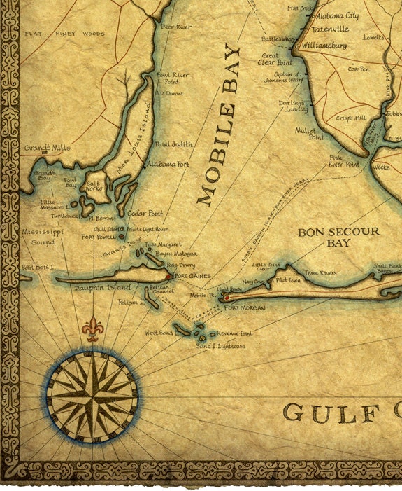 Mobile Bay Map Art C 1865 14 X 19 Civil War
