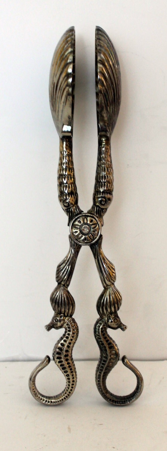 Vintage Godinger Silver Plated Salad Tongs Ornate Seahorse Seashell ...