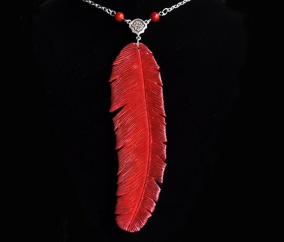 RED FEATHER Pendant Red Feather Necklace Red Cardinal Bird