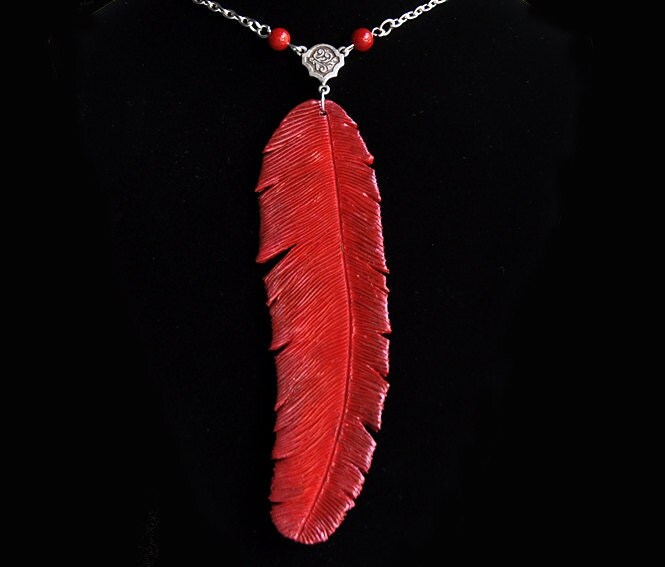 RED FEATHER Pendant Red Feather Necklace Red Cardinal Bird