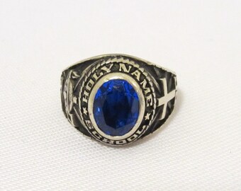 Vintage 1986s Sterling Silver Holy Name School Blue Sapphire Class Ring ...