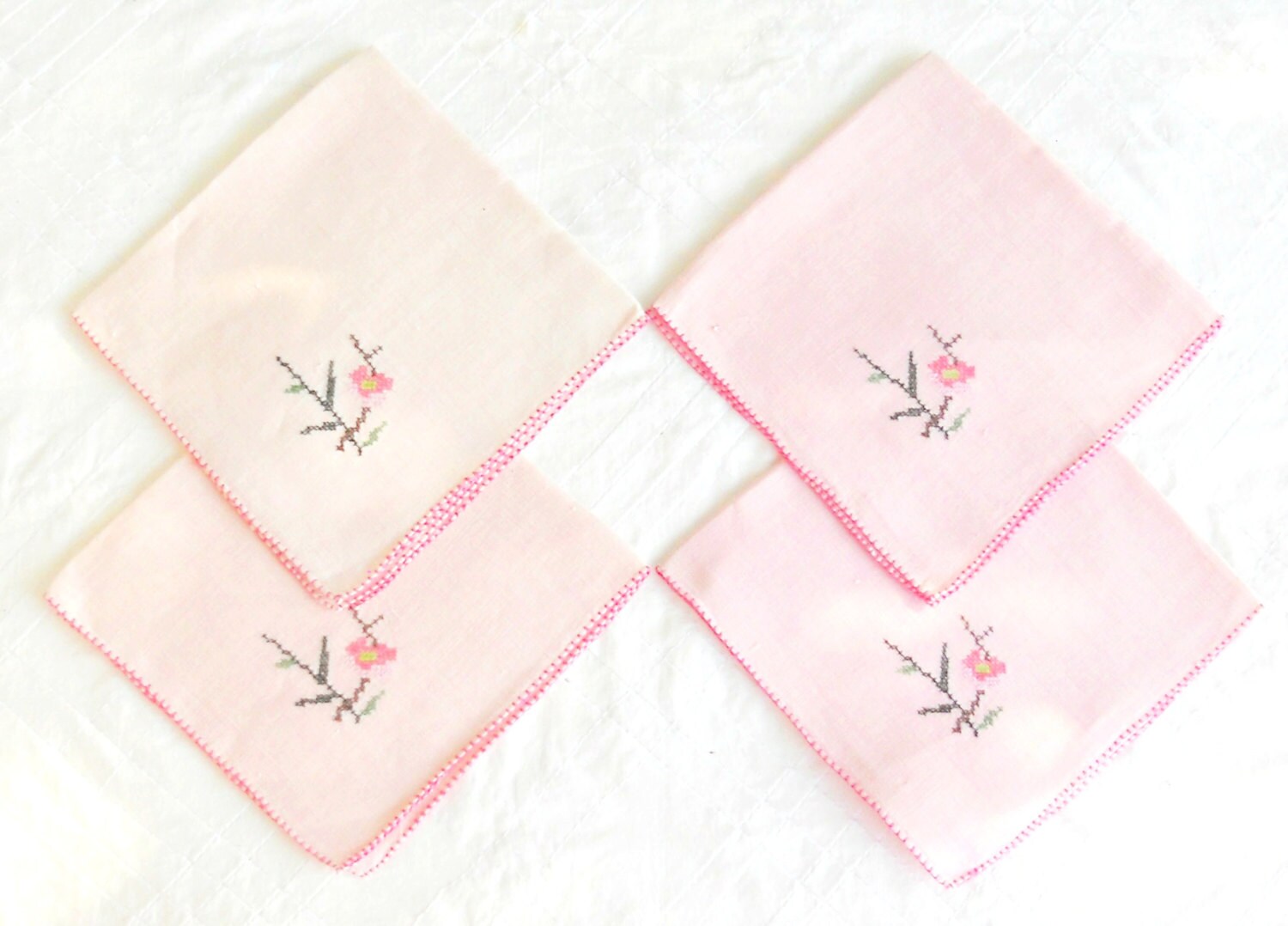Vintage Pink Embroidered Bridge Napkins, Tea Party, Lunch Napkins ...