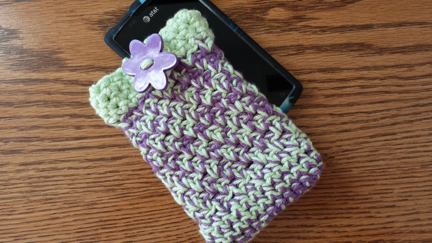 Cell Phone Cozy Crocheted Green Purple Handmade by softtotouch