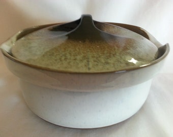 Lidded Pottery Casserole Dish with twisted strap handle