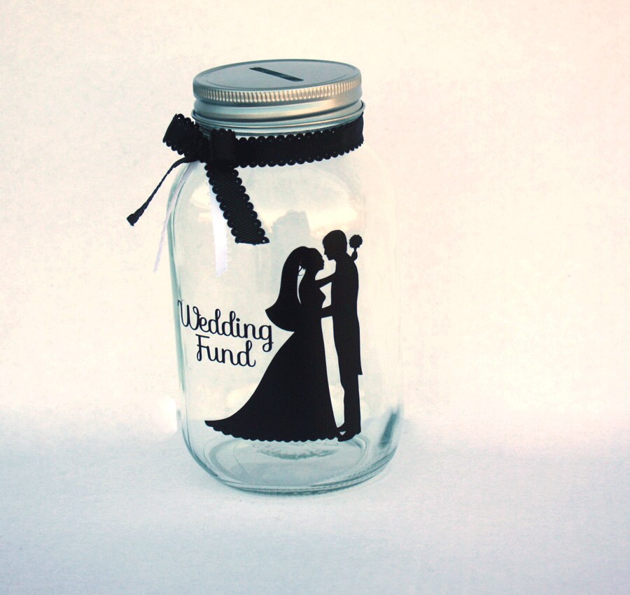 Wedding Fund canning jar bank with coin slot lid and Ribbon