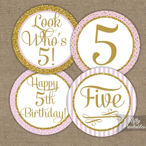 5th Birthday Cupcake Toppers Fifth Birthday Pink & Gold