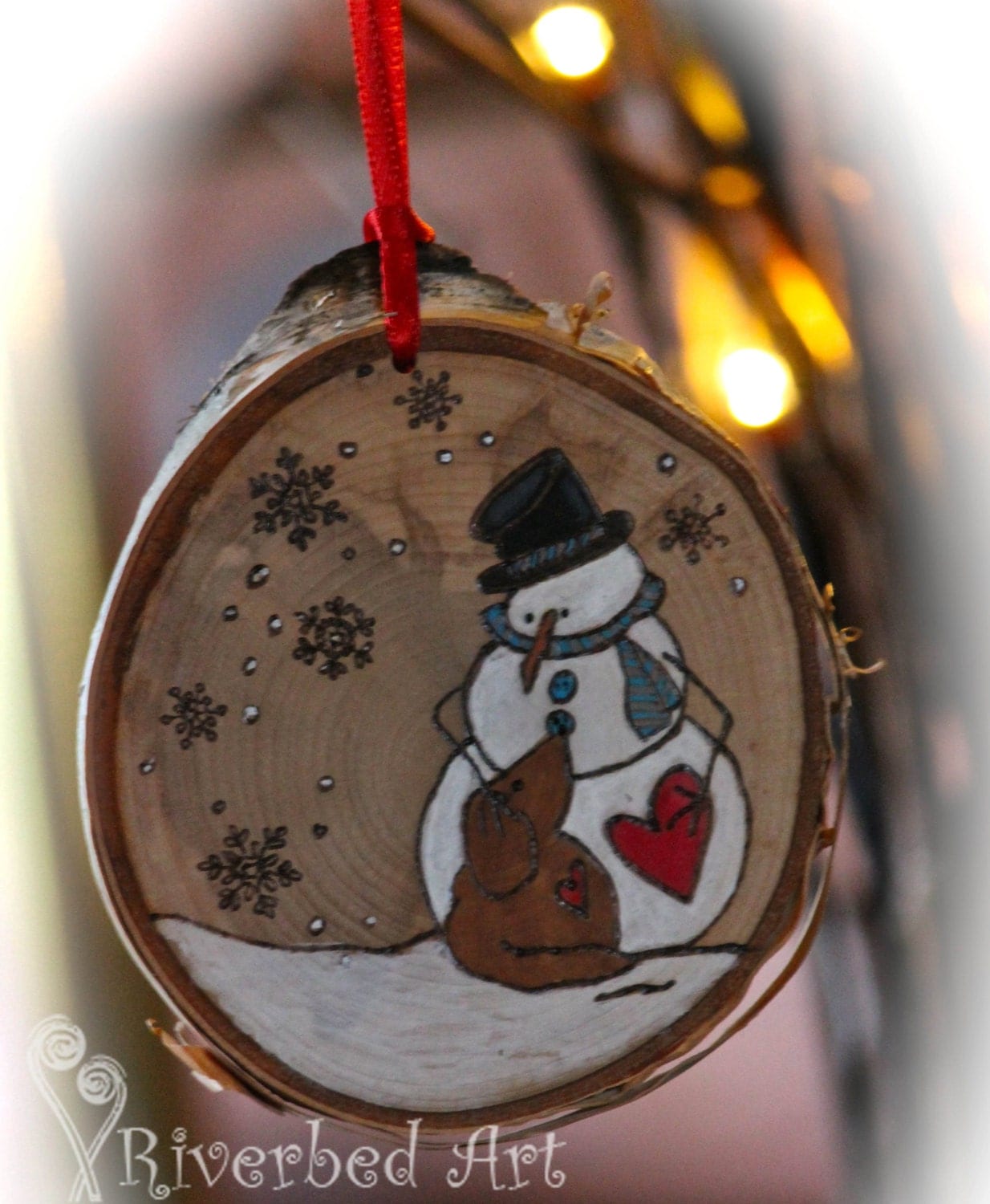 Christmas Pyrography Snowman and Dog Ornament by RiverbedART