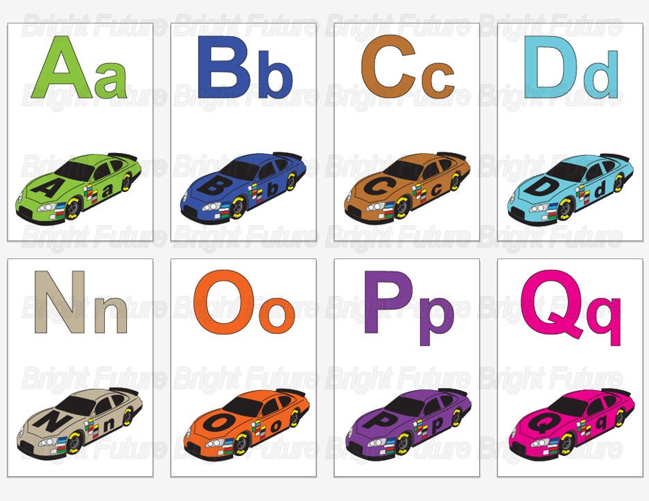 ABC Race car Flashcards download. Colorful race cars with the
