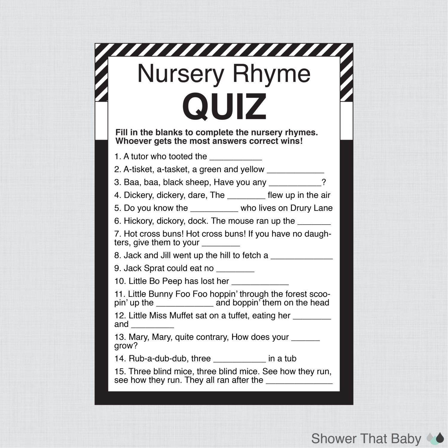 Nursery Rhyme Game Baby Shower Game in Black and White Stripes