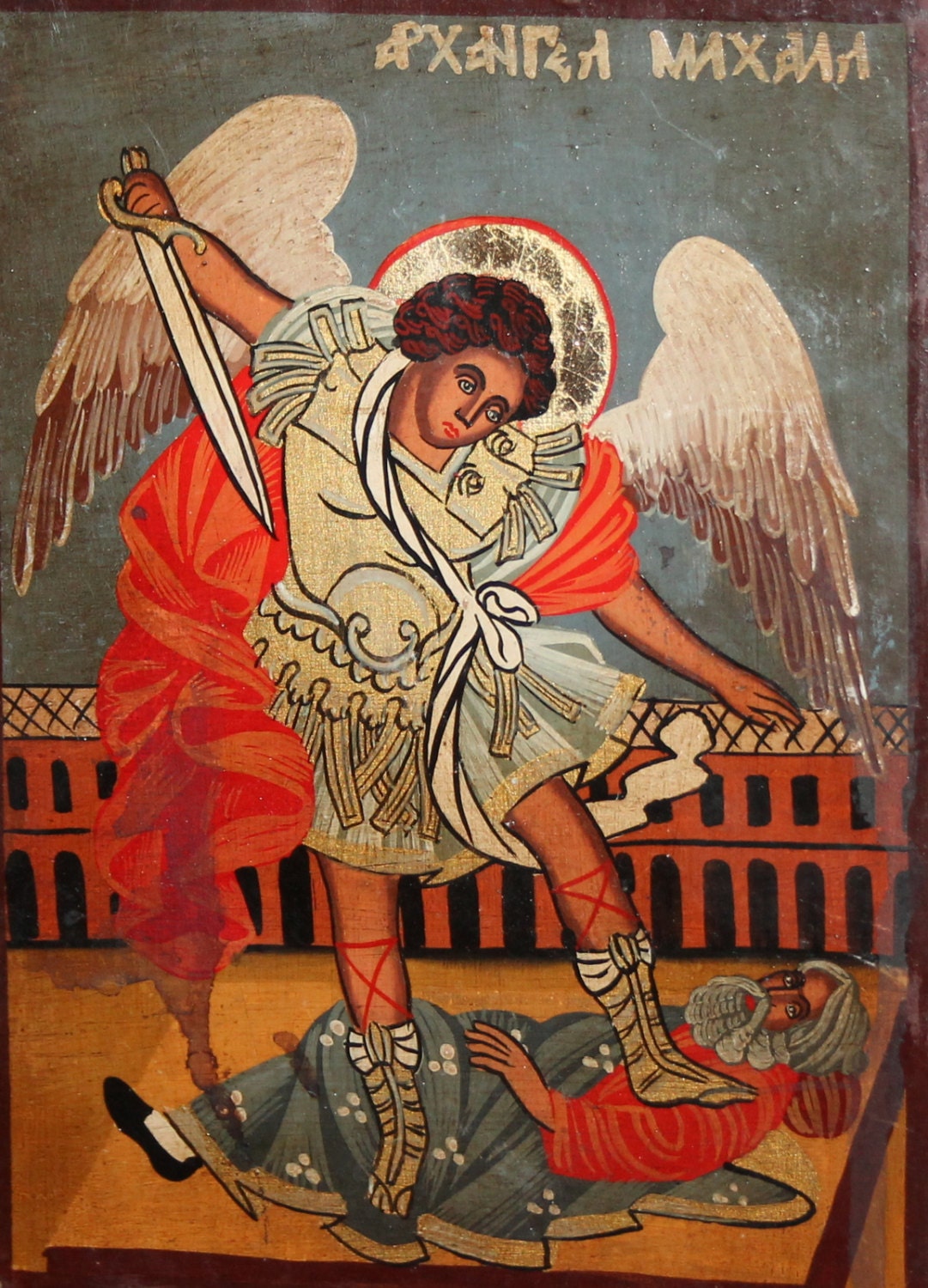 Orthodox hand painted icon Archangel Michael slaying Lucifer