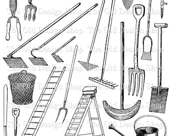 Vintage Garden Tools and Equipment Printable Black and White Clip Art ...