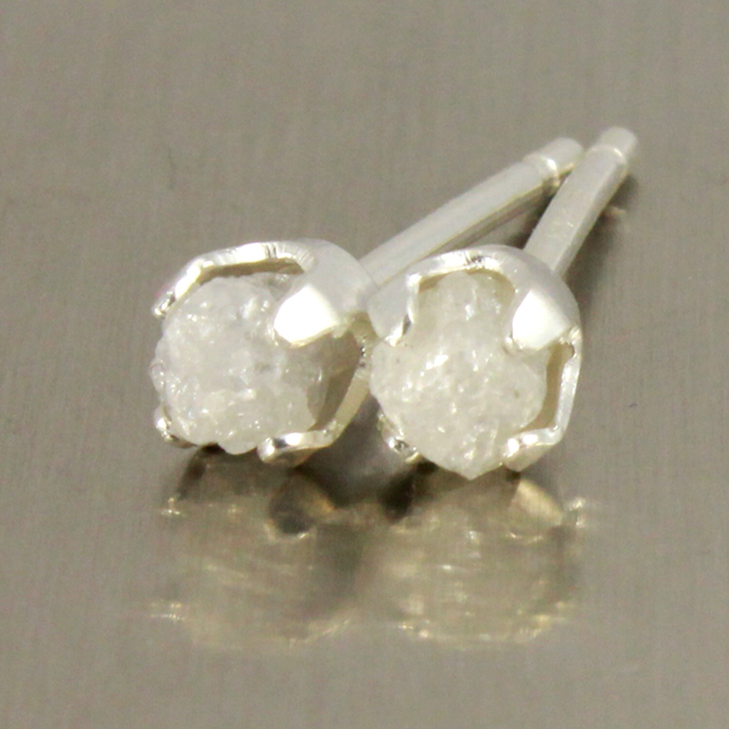 White Rough Diamond Studs 4mm Post Earrings Four Prongs