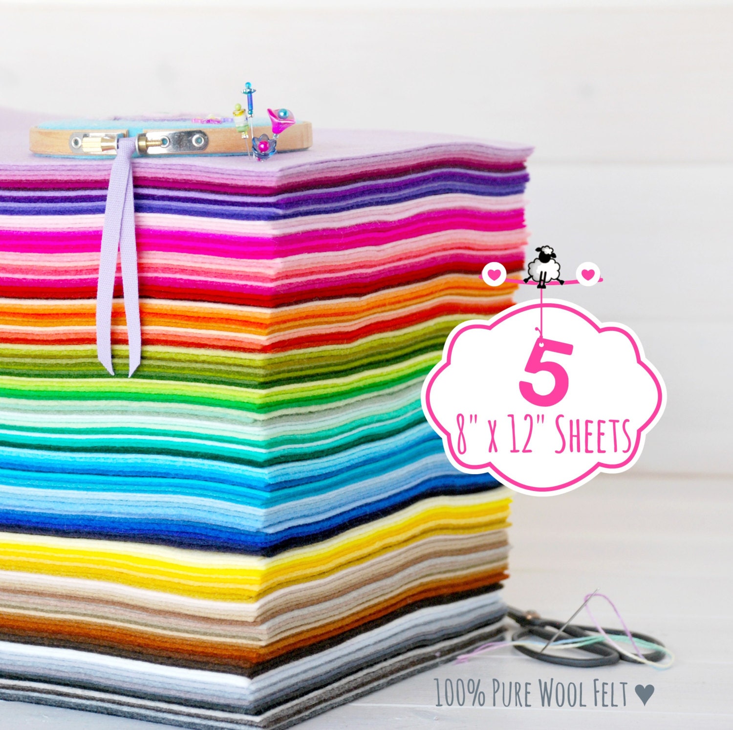 100% Wool Felt Sheets 5 Sheets of 8 X 12