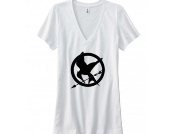 Hunger Games Mockingjay Pin Token White 100% Cotton Women's Deep V-Neck ...