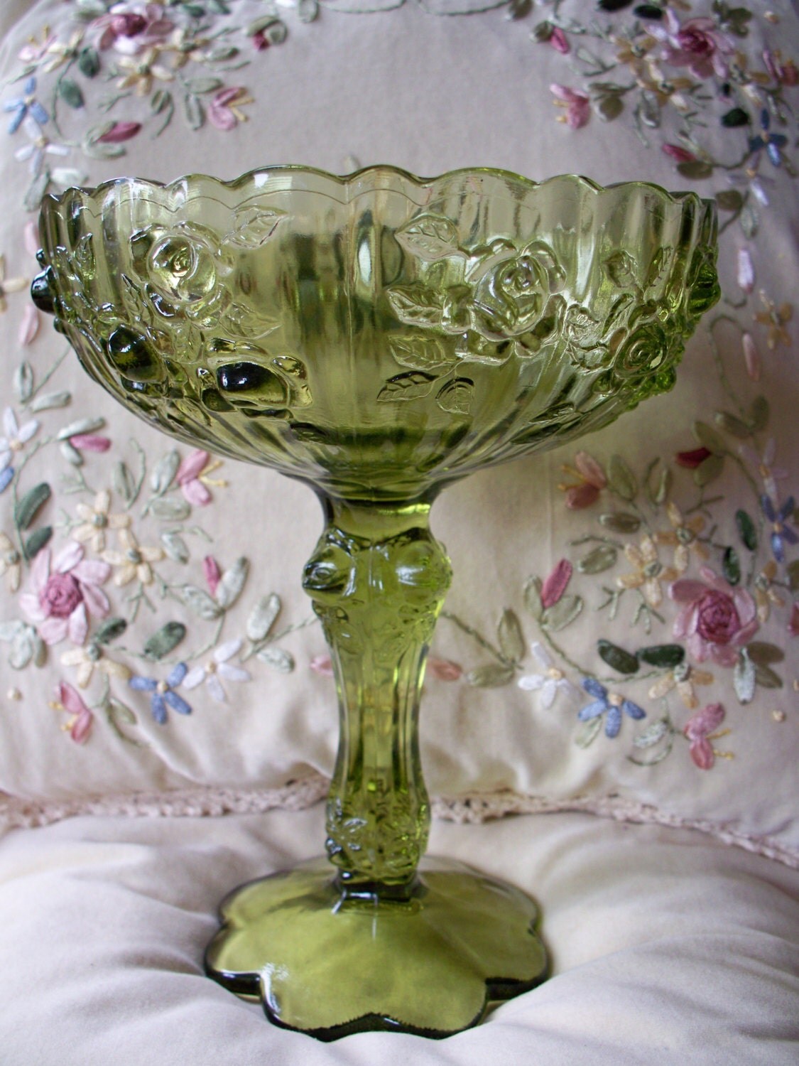 Vintage Green Glass Fenton Compote Colonial Rose Pattern, Retro 1970s ...
