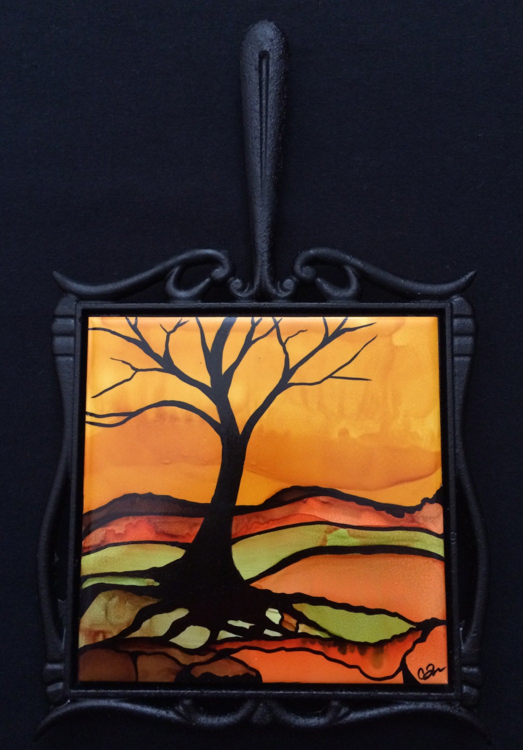 Hand painted Alcohol Ink Ceramic tile in cast by IcedPlumArtStudio