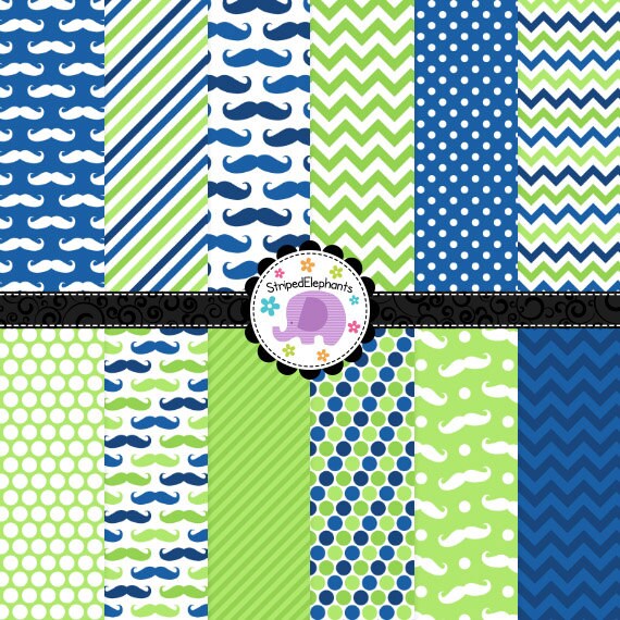 Mustache Digital Papers Navy and Green baby boy digital