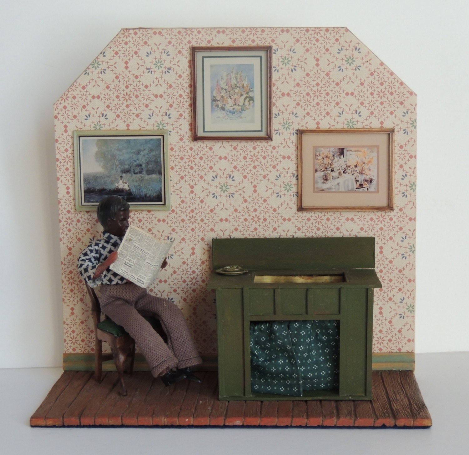 Vintage Diorama Hand Made Doll House Living Room Scene Diorama With ...