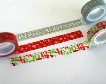 Christmas washi tape, 3 Christmas washi tapes, red and green Christmas ...