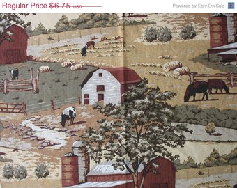 ON SALE 30% Off Cotton Upholstery Fabric Sample Farm Scene Cow Barn ...