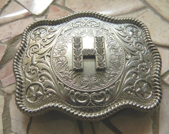 Monogram Letter H Personalized Silver Belt Buckle, Rhinestone Initial H ...