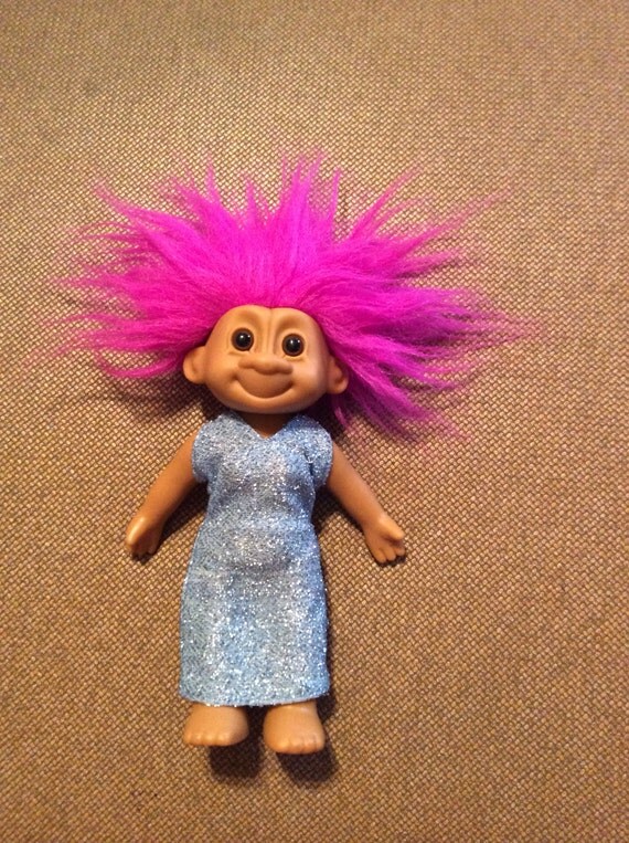Vintage Troll Doll with Pink Hair & Sparkly Blue Evening Dress