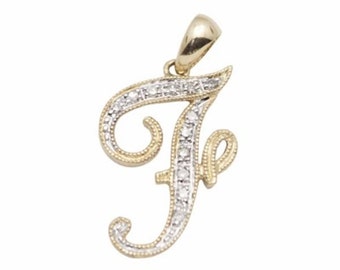 14k SOLID Gold and WHITE Diamond Script Initial Charm Letter
