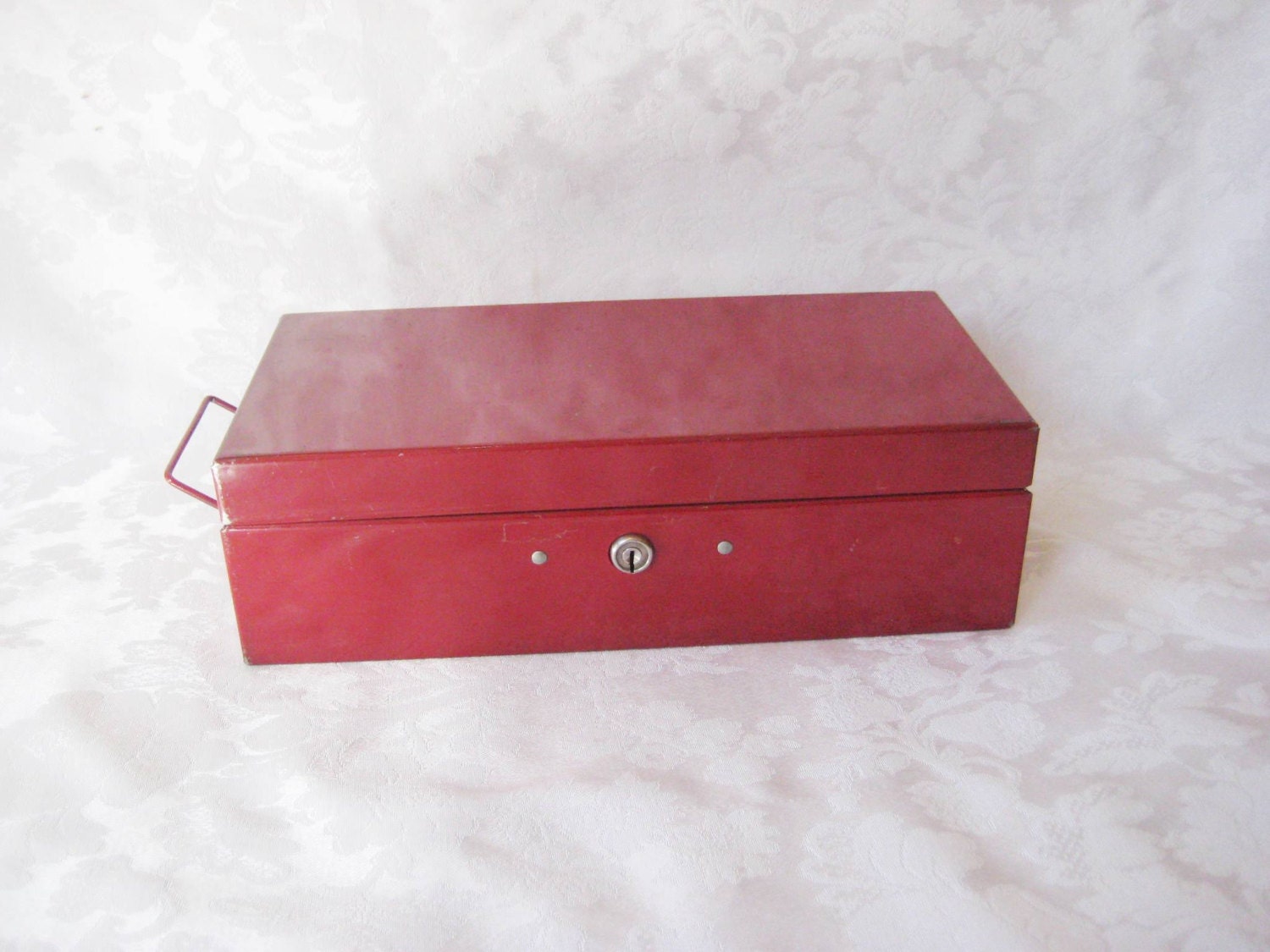 Shiny red metal lock box, storage box, rustic industrial metal box ...