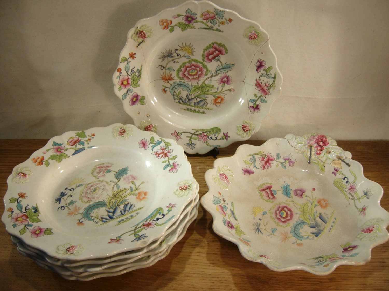 Antique staple repaired set of six dessert plates and serving dish, for ...