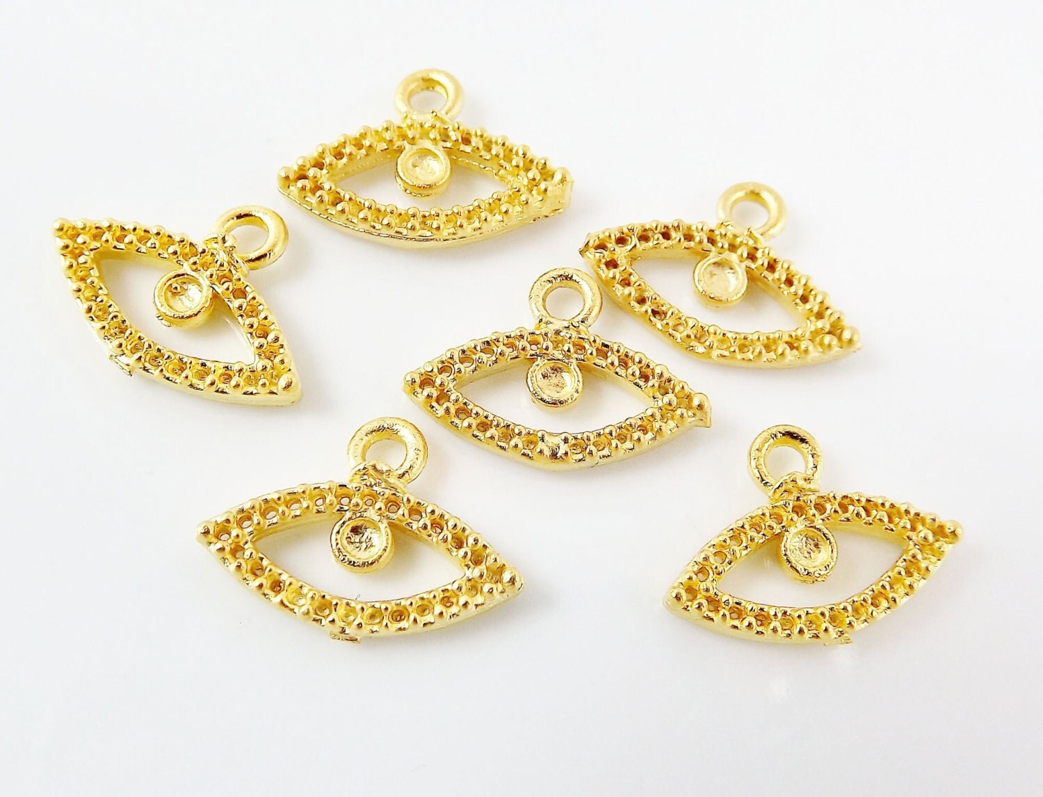 6 Evil Eye Charms with Rhinestone Settings 22k Matte Gold