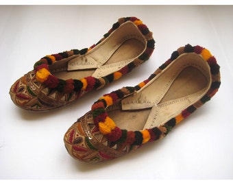 US size 7.5/Tan Shoes/Sequins Shoes/Pom Pom Ball shoes/embroidery shoes ...