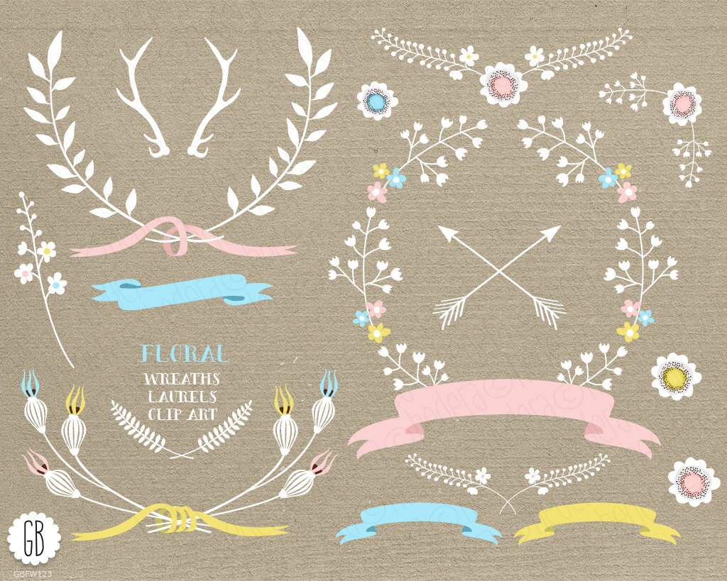 Floral wreaths laurels ribbons clip art vector folk