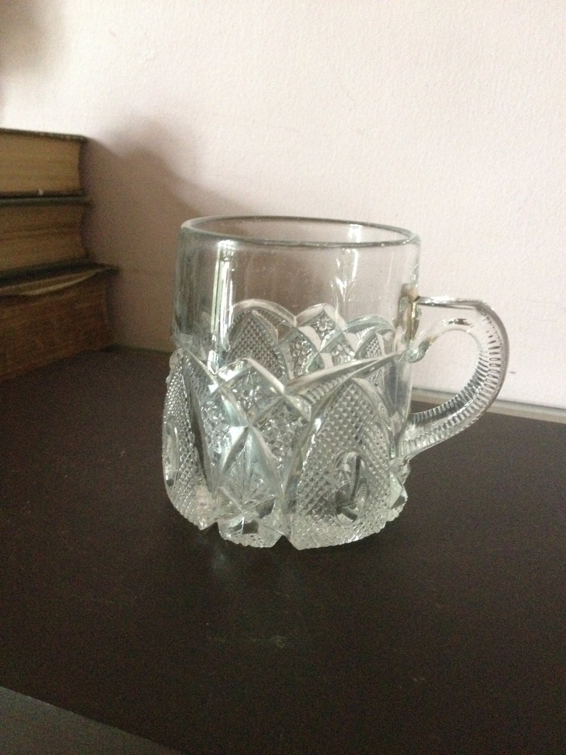 CUT GLASS MUG coffee mug, Cup, Clear Cut Glass Mug, Diamond Point and ...
